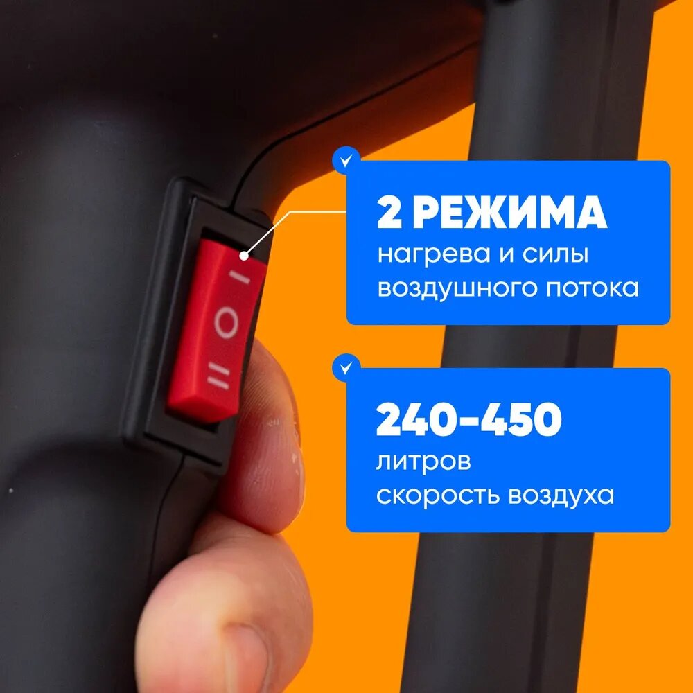 Полупрофессиональный строительный фен 2000 Вт с регулировкой температуры и насадкой, черный — фото 1