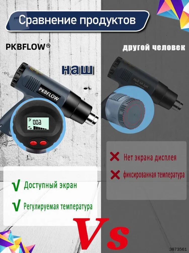 Строительный фен PKBFLOW с регулировкой температуры, 2000 Вт, 60-600°C, 4 насадки — фото 1