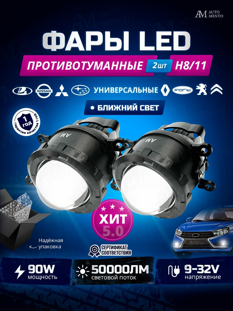 Светодиодные противотуманные фары универсальные /BI-LED модули/ для Lada Vesta ( Лада Веста) , Ford ( Форд Фокус) , Mitsubishi, Renault, Nissan дополнительный белый свет в машину