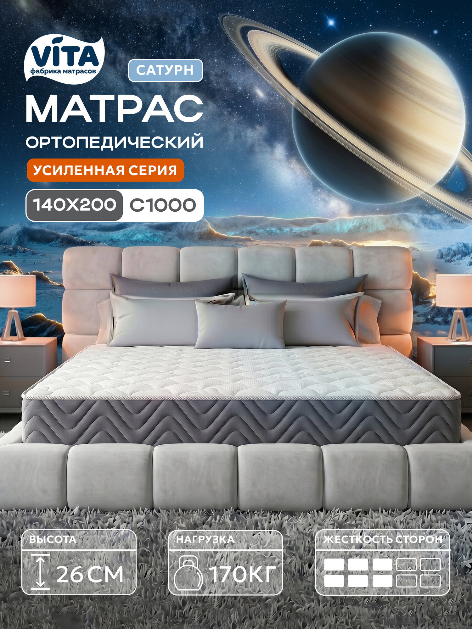 Матрас 140х200 ортопедический VITA Сатурн, независимые пружины С 1000, двусторонний, высокий, 25 см