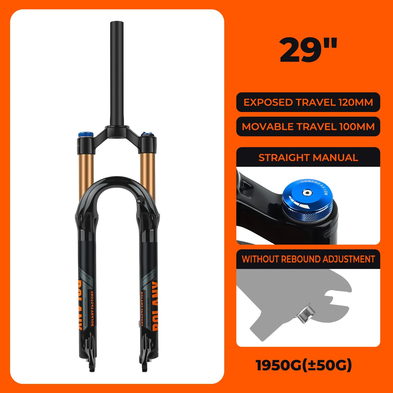 BOLANY Воздушная вилка 29 дюймов 120 мм черная 29 Manual Black