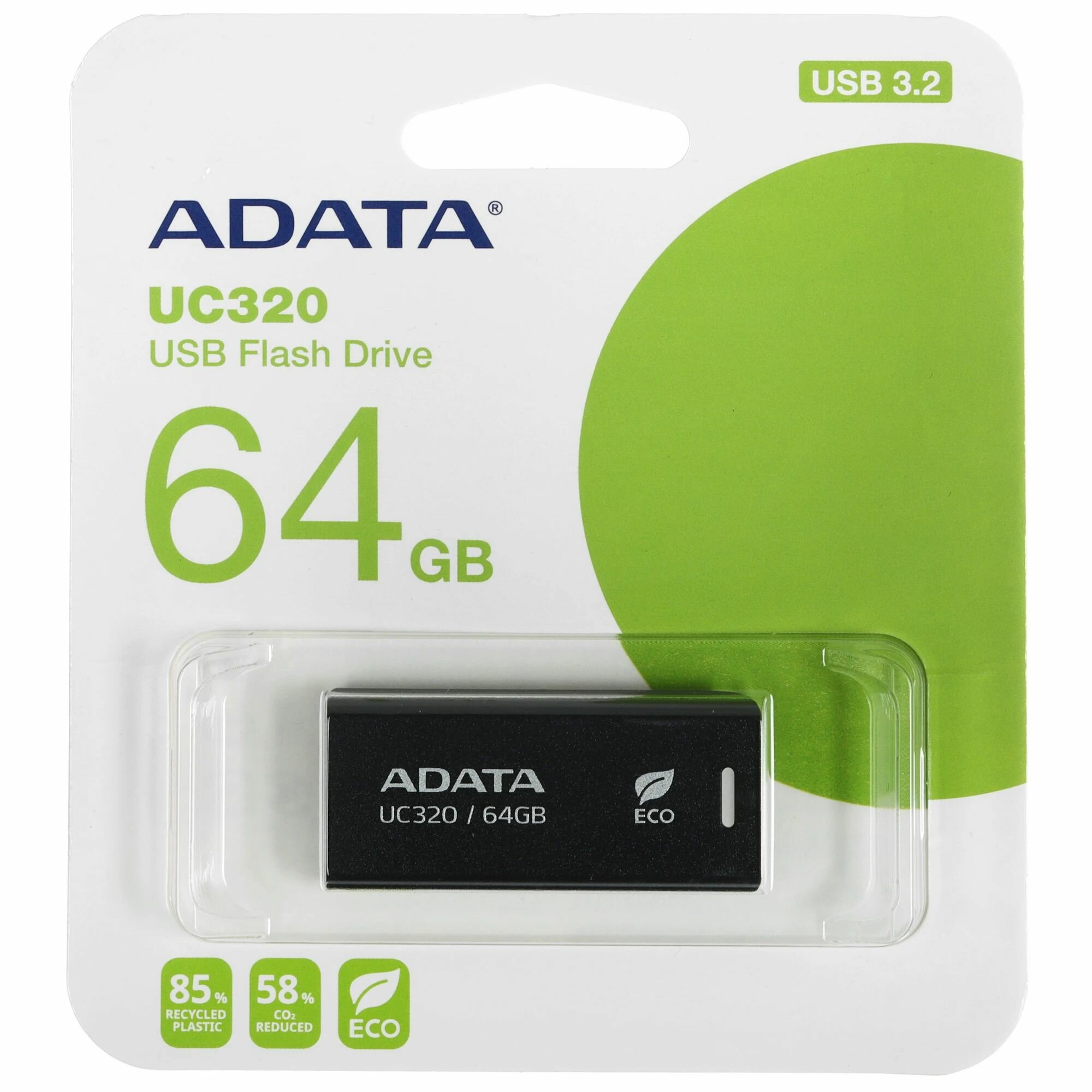 Память USB Flash 64 ГБ ADATA UC320 (UC320-64G-RBK/BK) - USB3.2, USB Type-A, чтение до - 100 МБ/с