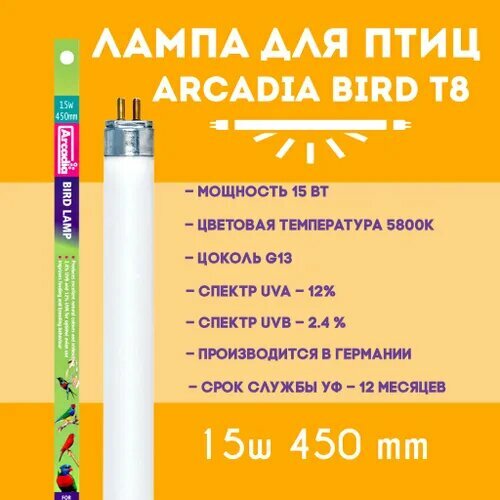Лампа для птиц ультрафиолетовая Arcadia Bird Т8 - 15Вт, 45см UVB, 2,4%