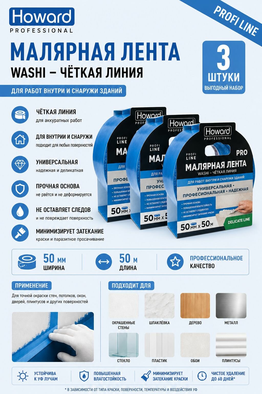 Малярная лента HOWARD WASHI четкая линия для работ внутри и снаружи зданий, 50 мм х 50 м, 3 шт.