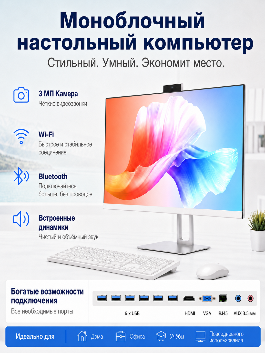 23.8" Моноблок Intel Core i5-2520M, 16 ГБ RAM, SSD 512 ГБ, Win 10 Pro, Wi‑Fi, Bluetooth, с веб-камерой, клавиатура и мышь