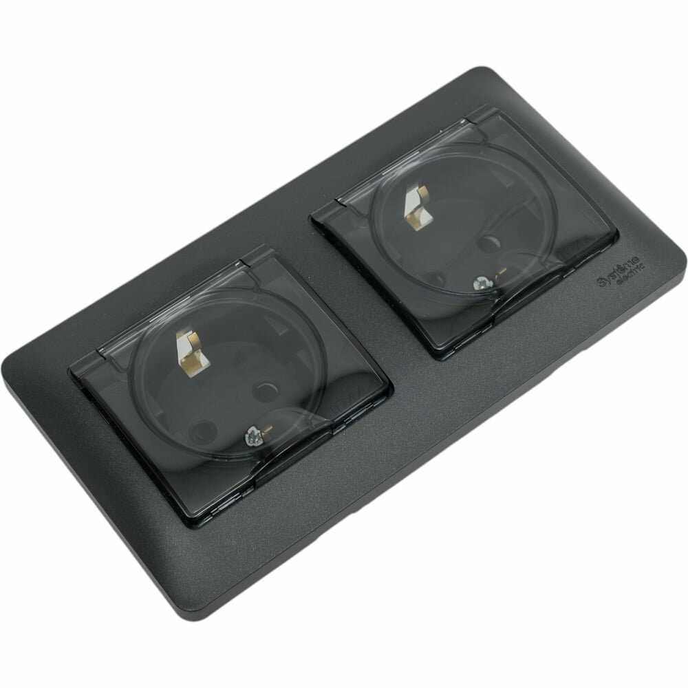 Розетка Systeme Electric Glossa Антрацит 2-ая с/з, со шторками, в сборе, IP44 SE GSL000747 — фото 1