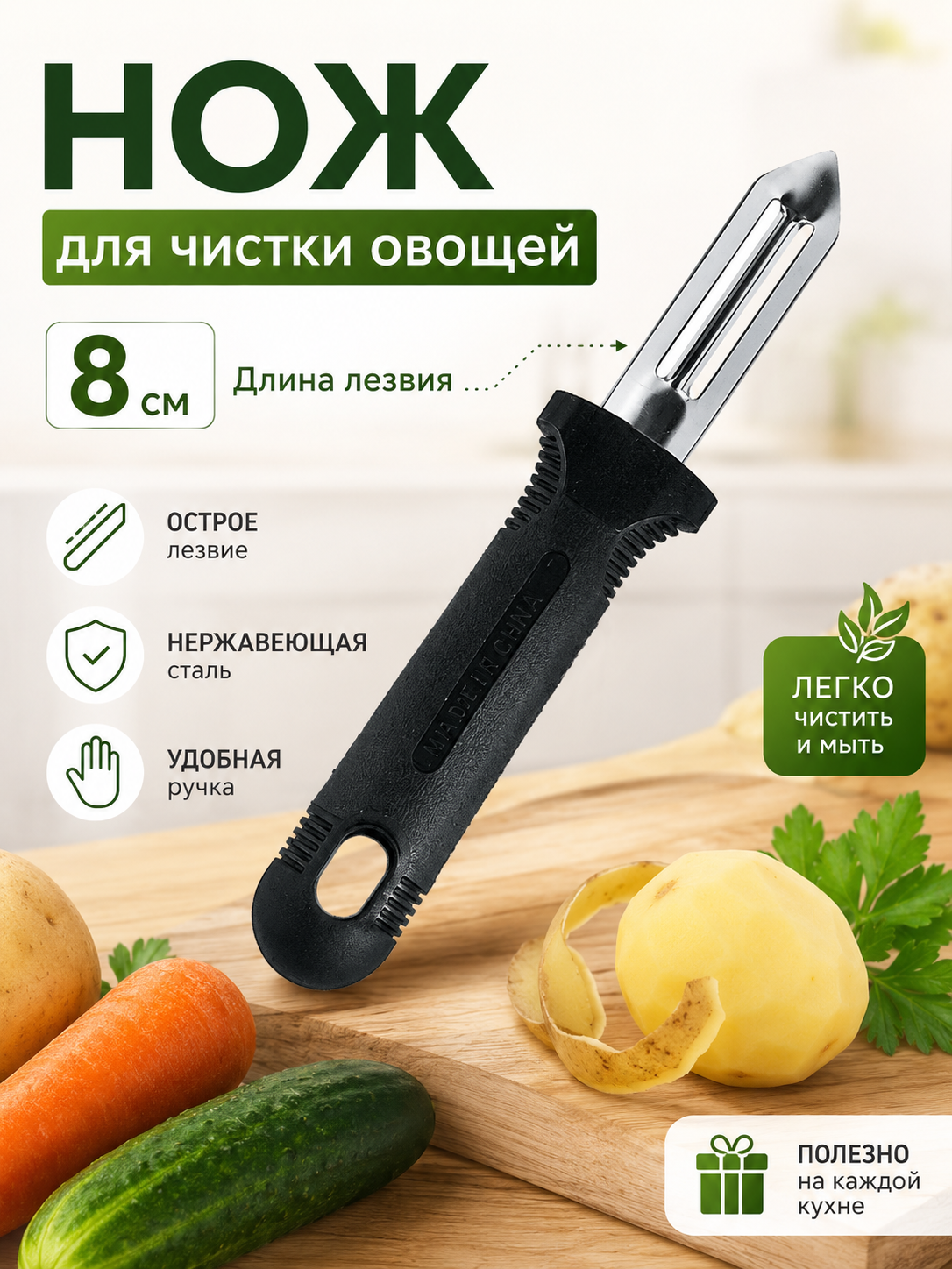 Нож для чистки овощей, фруктов, 8 см, пластиковая черная ручка.
