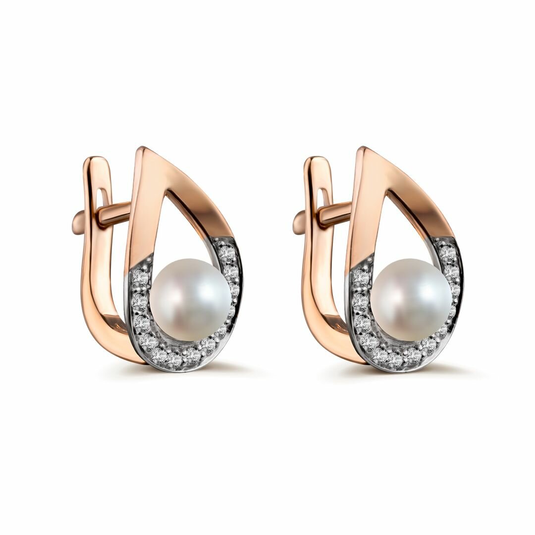 Серьги, красное золото, 585 проба, фианит, жемчуг