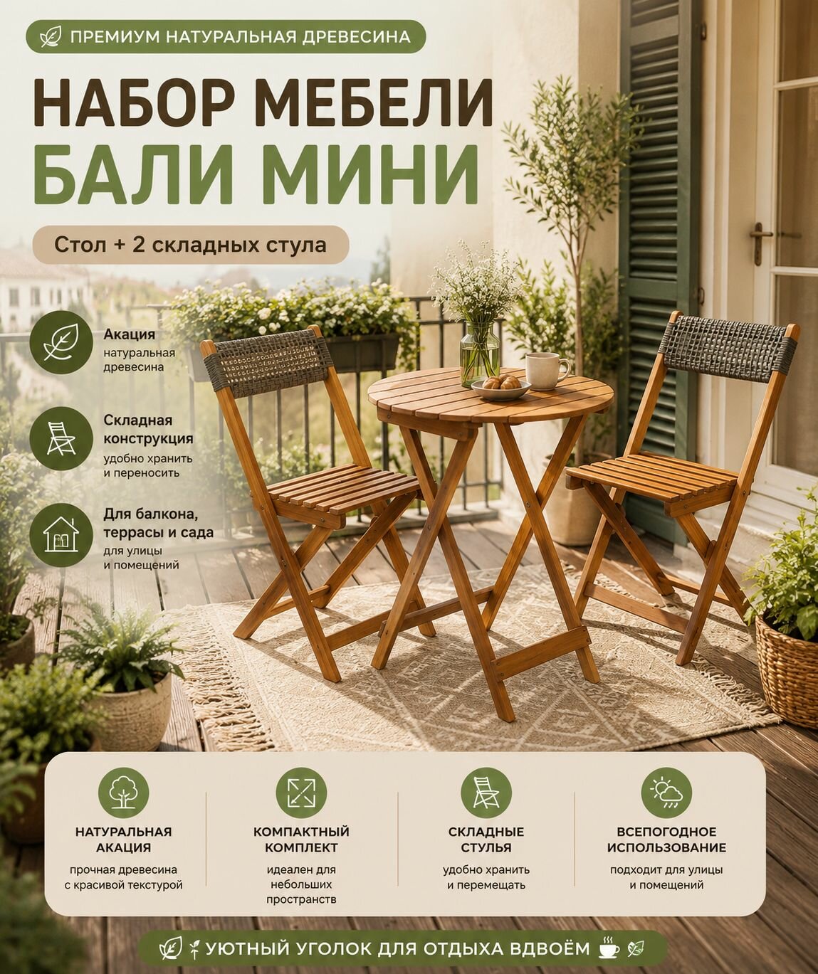 Набор садовой мебели "Бали", Комплект мебели на 2 персоны, стол и два стула, акация, цвет дерева
