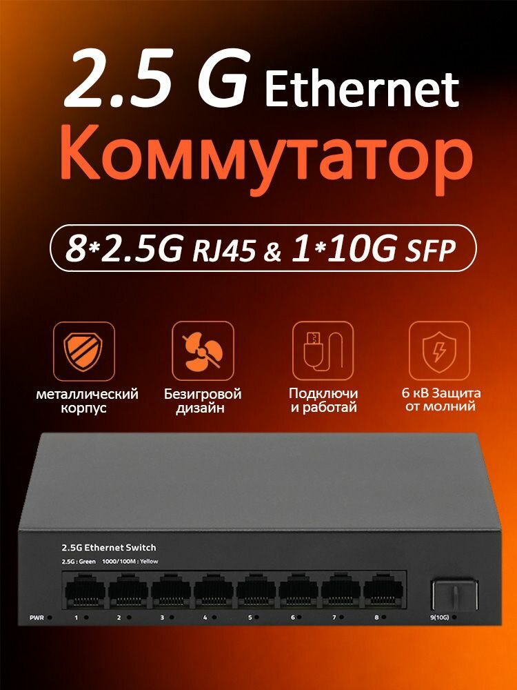 Коммутатор сетевой, 2500 Мбит/с,8*2.5G RJ45,10G SFP+, Ethernet Switch