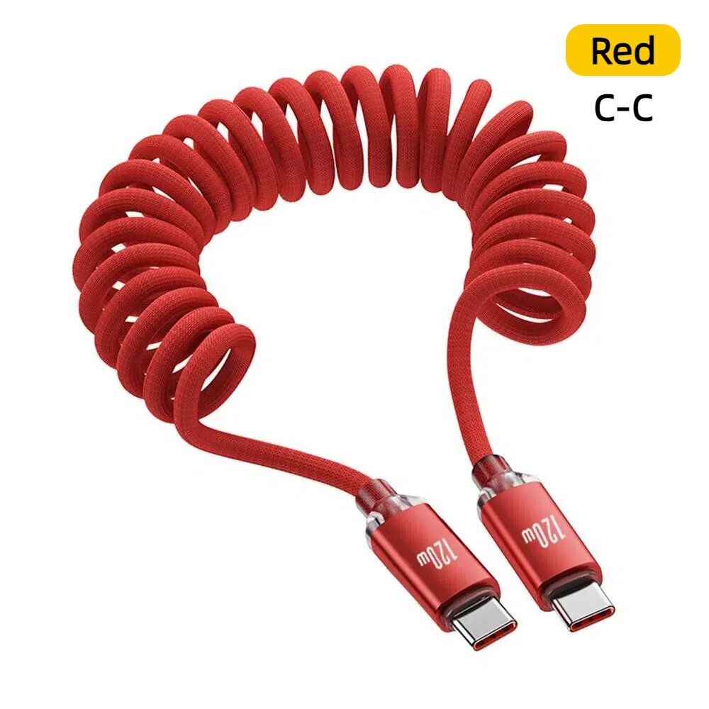 Кабель Для Быстрой Зарядки 120 Вт Type-C На USB-C, USB-A На Type-C, Спиральный, Красный, 1m, C-C red