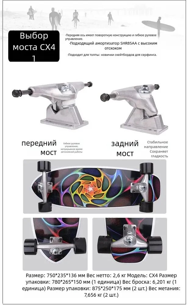 Скейтборд 75 х 23.5см, скейтборд CX4 land surfboard, материал деки: клен, 7 слоев, PU+Nylon Mesh колеса — фото 1