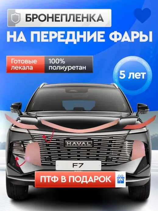Бронепленка для фар на автомобиль Haval F7 (2 поколение), полиуретановая пленка для фар авто