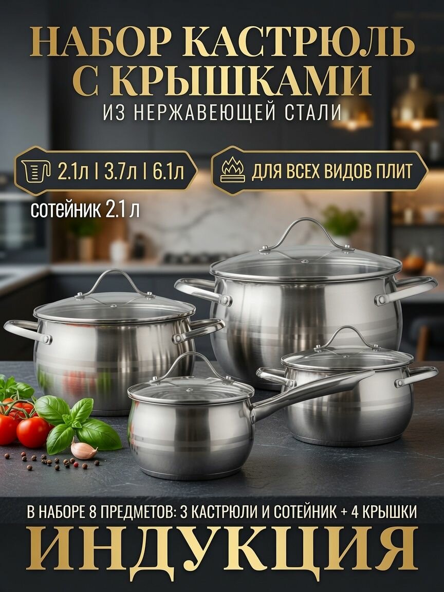 Набор Кастрюль С Крышкой С Ковшом И Толстым Дном Для Кухни и Готовки. Маленьких, Больших Из Нержавеющей Стали Для Газовых, Электрических, Индукционных Плит. Яблоко, 4шт