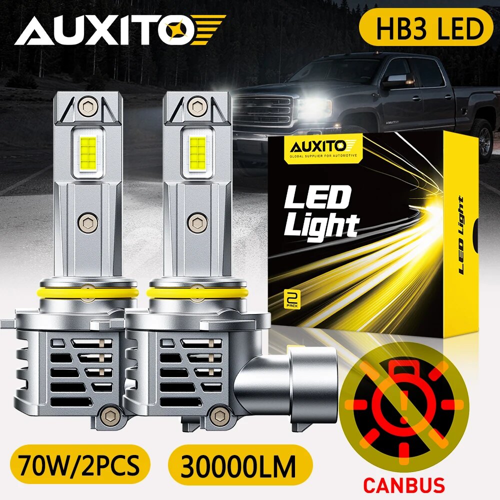 AUXITO 70W 30000LM 9005 HB3 LED Canbus Мощные светодиодные лампы для фар Super Bright White 12V, автомобильные лампы-ампулы, комплект 2 шт.