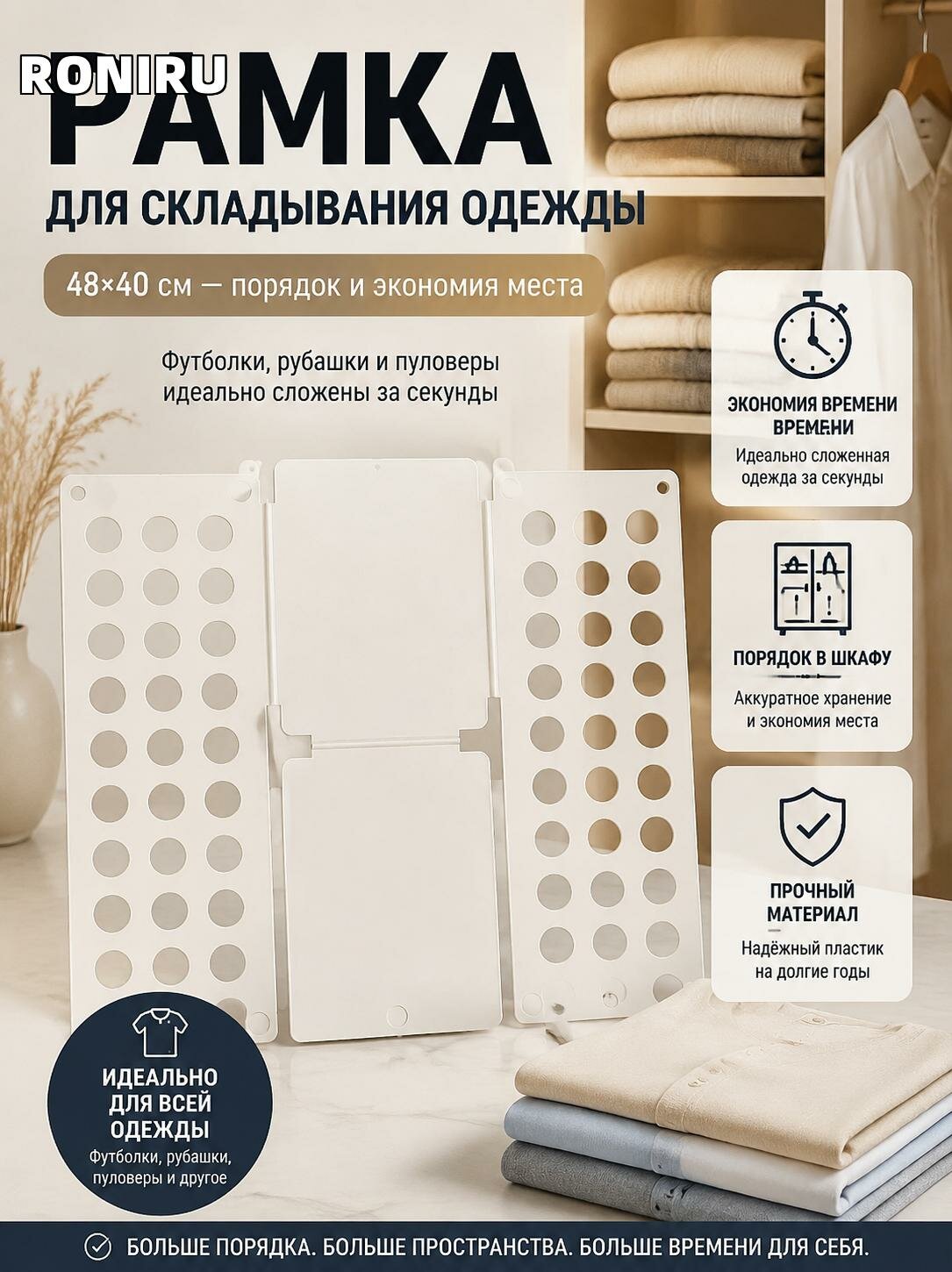 Рамка для складывания одежды 48х40 см — органайзер для футболок, рубашек и пуловеров для компактного хранения в шкафу