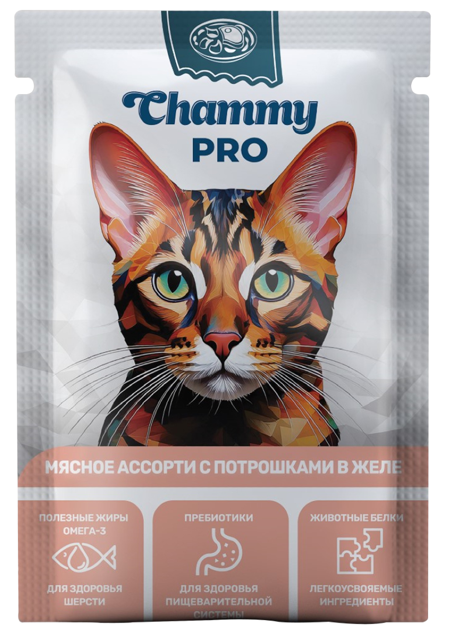 Корм для кошек влажный Chammy / Чамми Pro для взрослых животных, кусочки мясное ассорти с потрошками в желе, пауч 85г / зоотовары