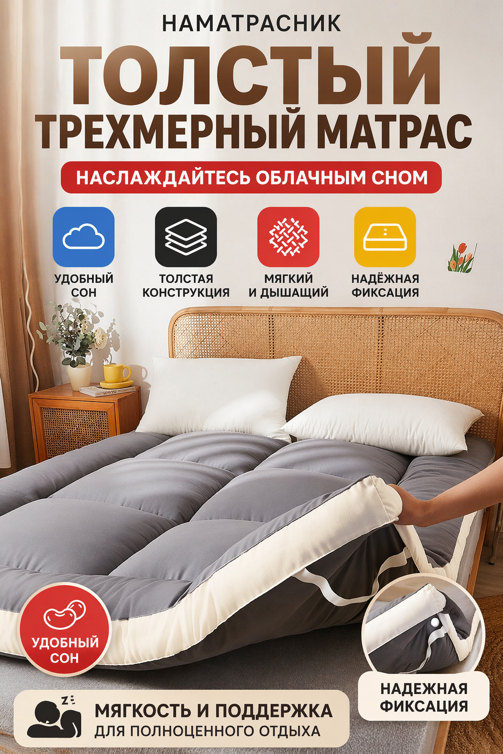 Премиальный толстый матрас ER трехмерный серый с белой каймой для дома, для сна, подушечный