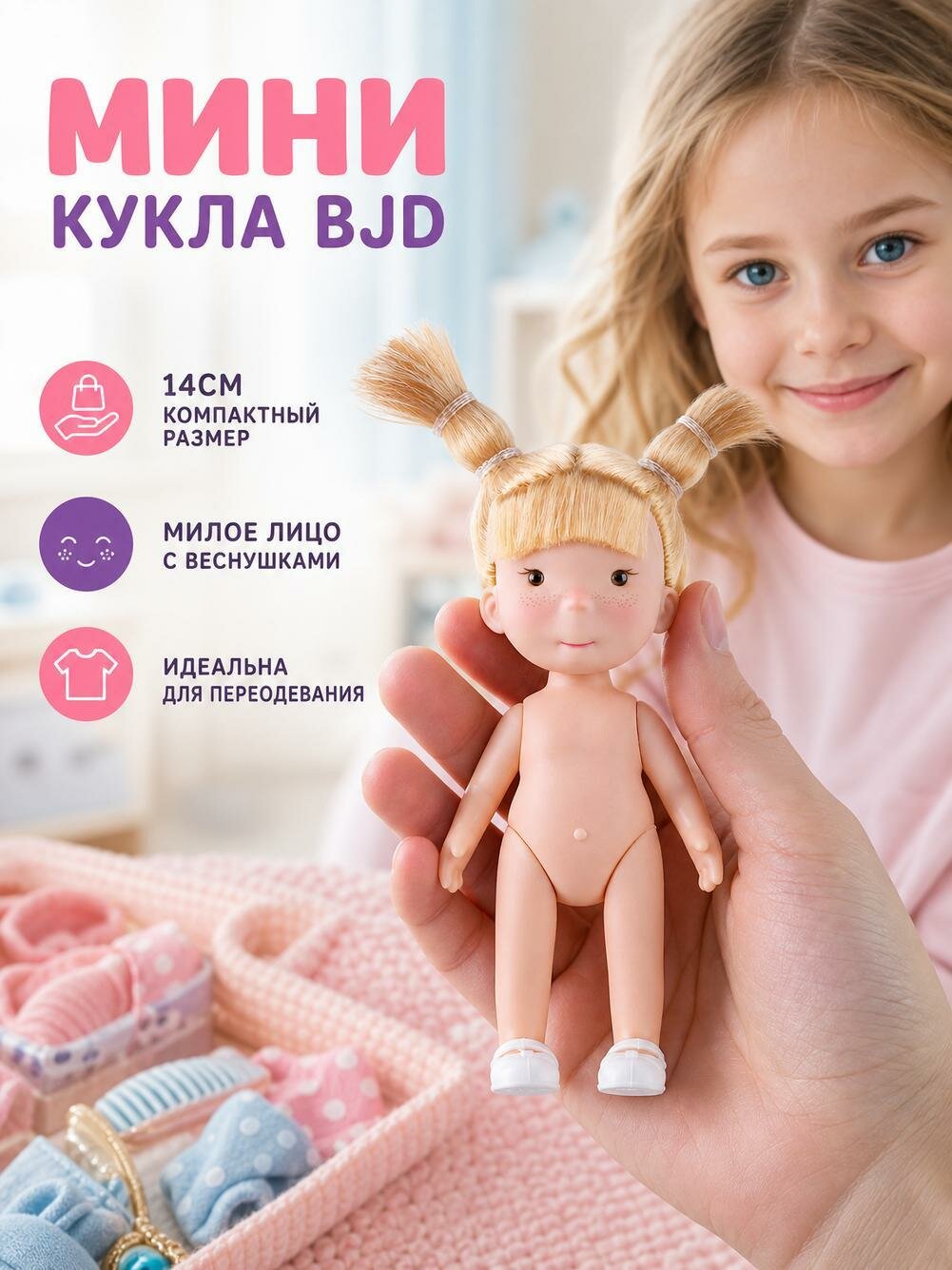 Кукла пластиковая, 14 см, с каштановыми кудрявыми волосами, с веснушками