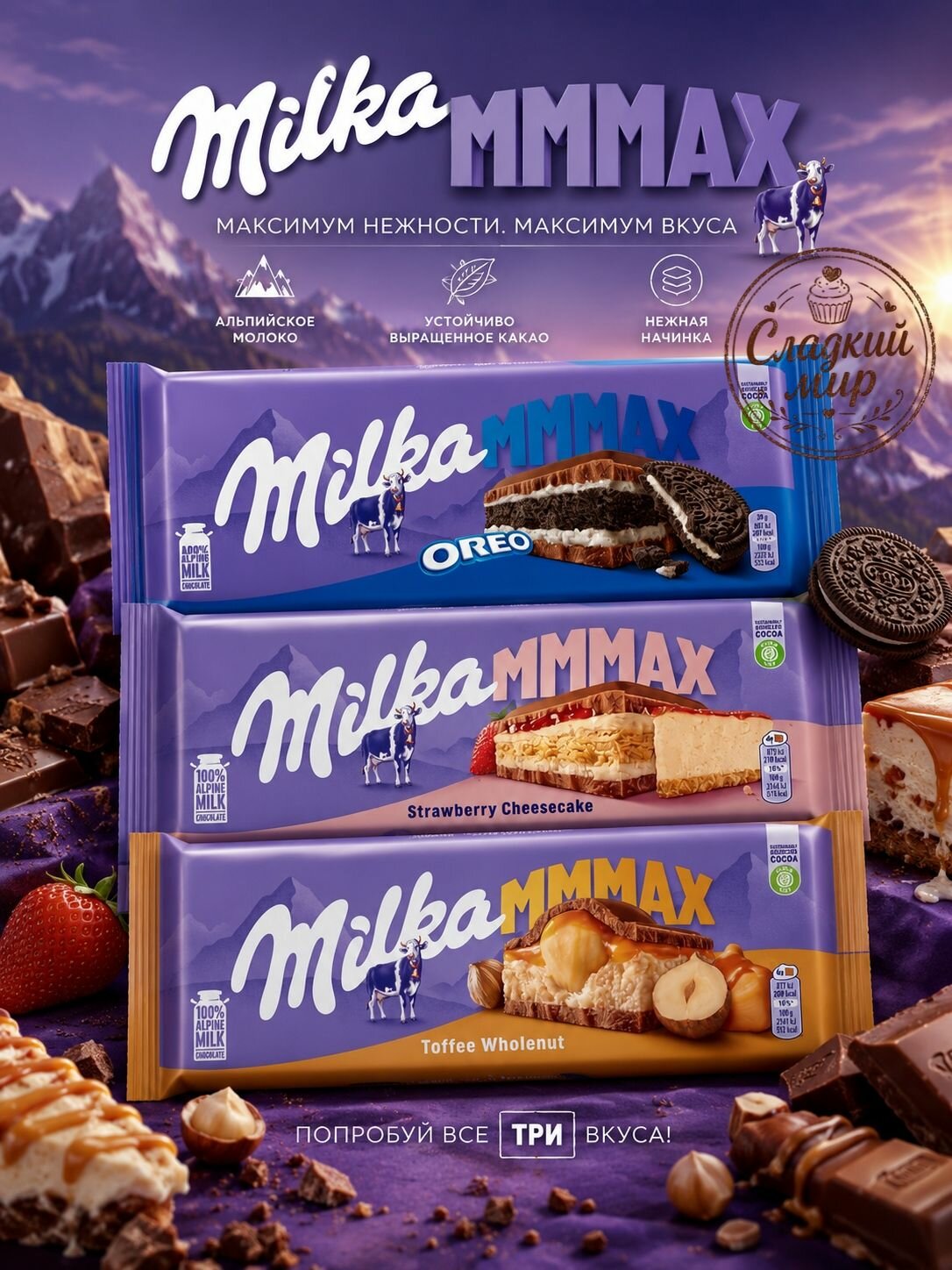 Молочный шоколад Milka микс вкусов, 3шт по 300гр