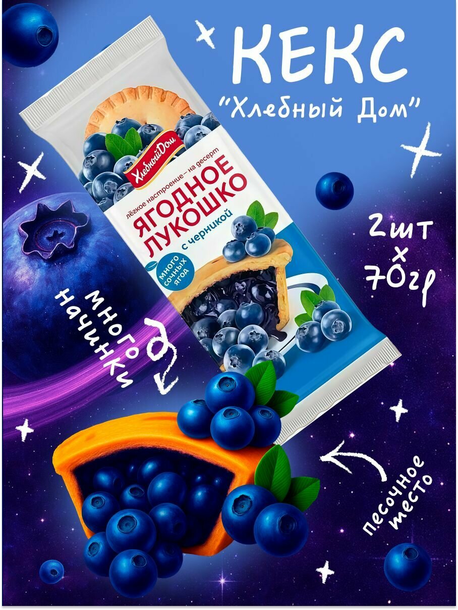 Кекс Хлебный Дом Ягодное Лукошко с черникой 2шт*70г - сладкая выпечка с ягодами
