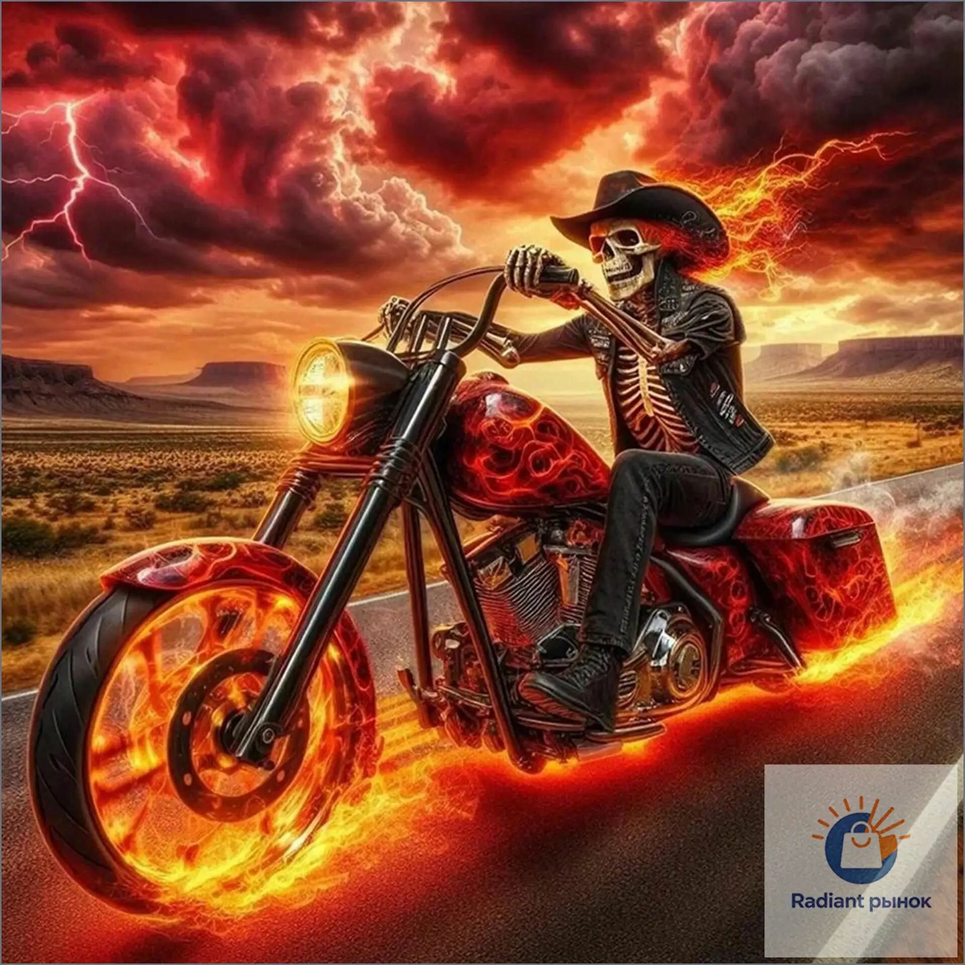 Диамантная картина Череп на мотоцикле 50 50 см, 40 цветов, DIY