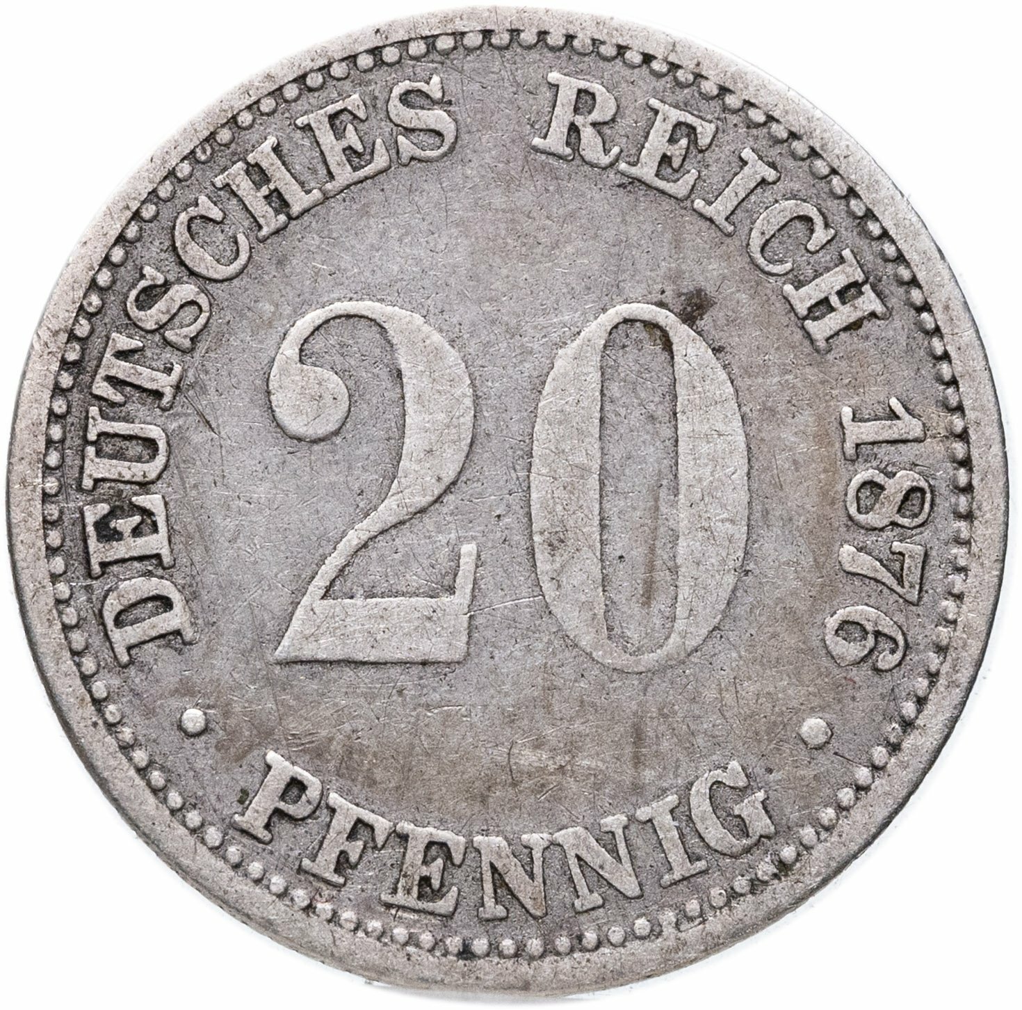 Германская империя 20 пфеннигов pfennig 1876, знак монетного двора: "J" - Гамбург, Серебро 900, в сохранности VF