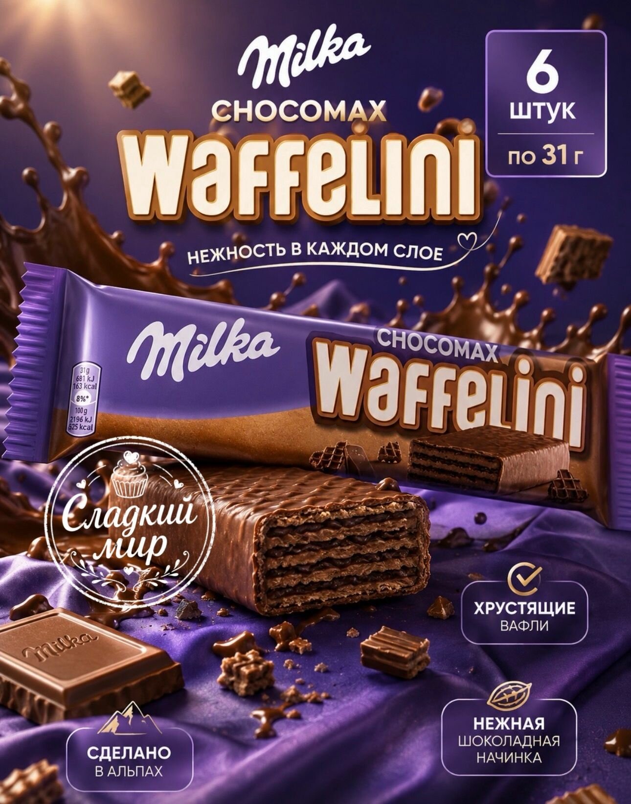 Вафли в шоколаде Milka Chocomax Waffelini / Милка Ваффелини, 6 шт. х 31 гр. (Швейцария)