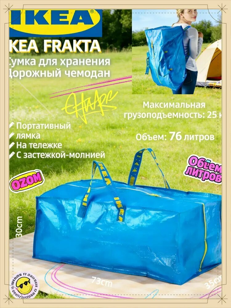 IKEA FRAKTA Сумка для хранения дорожный чемодан, синий, 76 литров