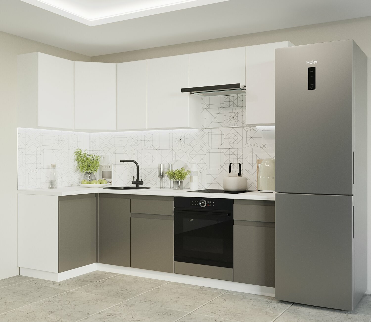 Кухонный угловой гарнитур Тальк /Обсидиан Драфт, фасады МДФ, 1100х2500 мм