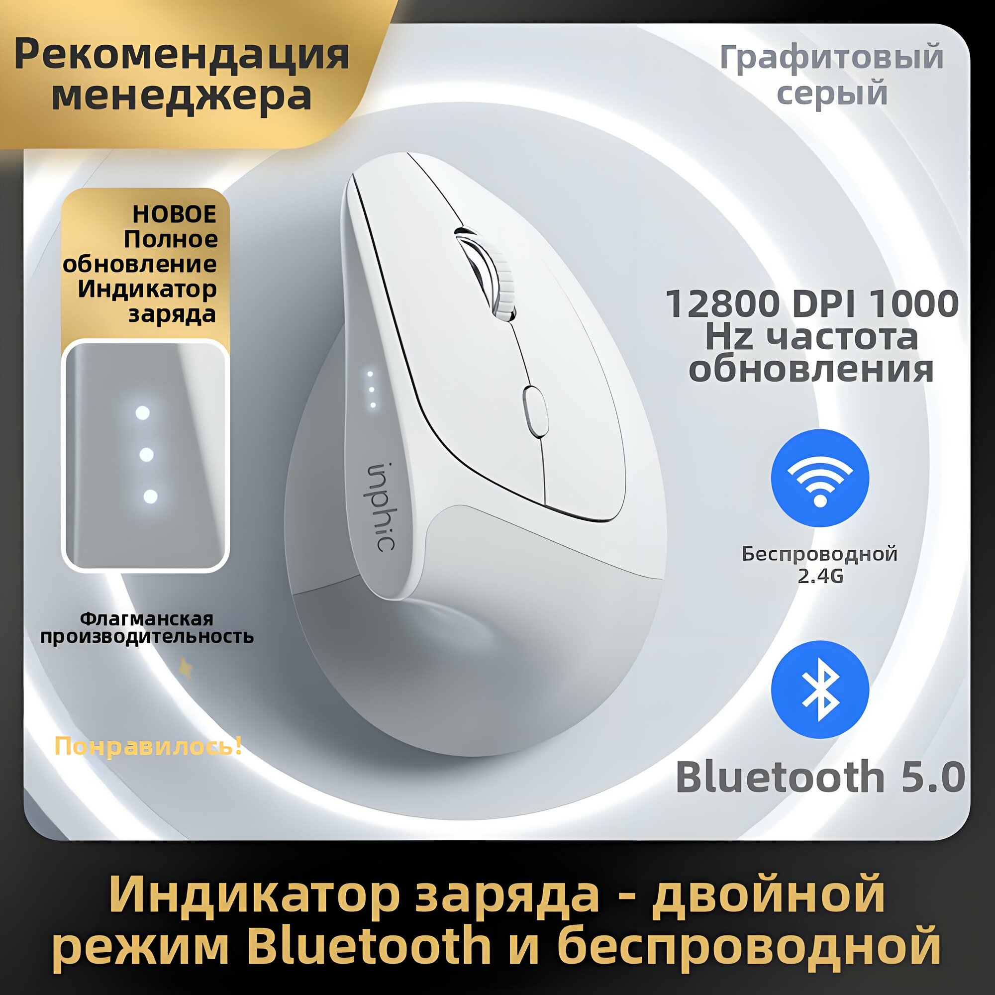 Двухрежимная беспроводная мышь INPHIC/Bluetooth, вертикальная, зарядка, отключение звука, X9PRO gray