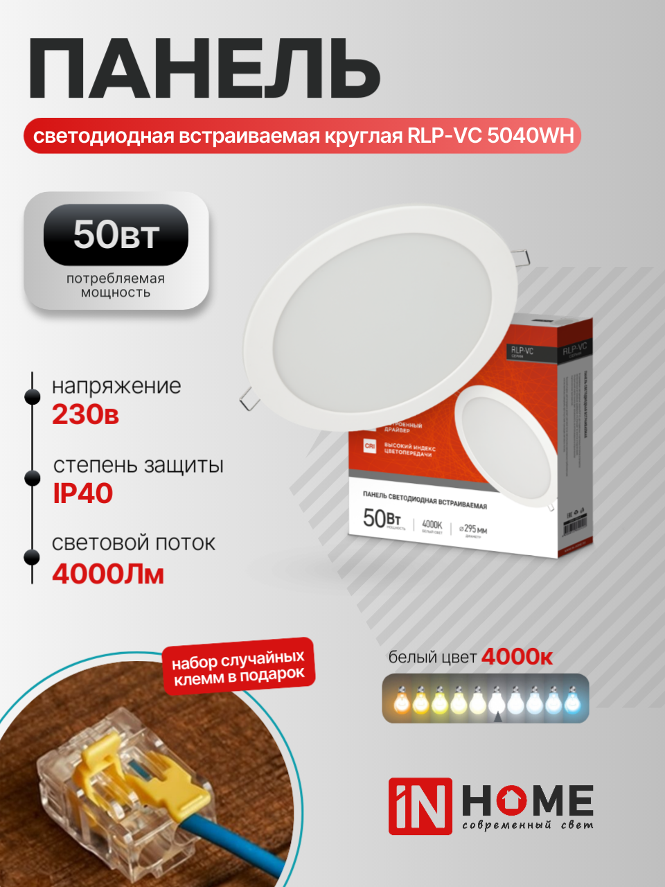 Панель светодиодный встраиваемая круглая RLP-VC 50Вт 230В 4000К 4000Лм 295мм белая IP40 IN HOME