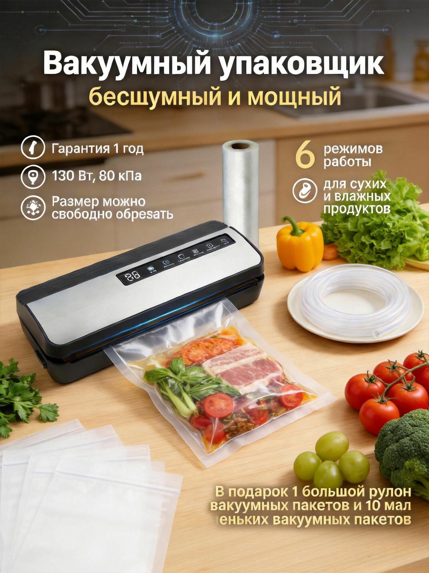 Вакуумная упаковочная машина для влажных и сухих продуктов 130 Вт, с резаком, рулон пленки и 10 пакетов в наборе, высокая сила всасывания для хранения мяса и овощей