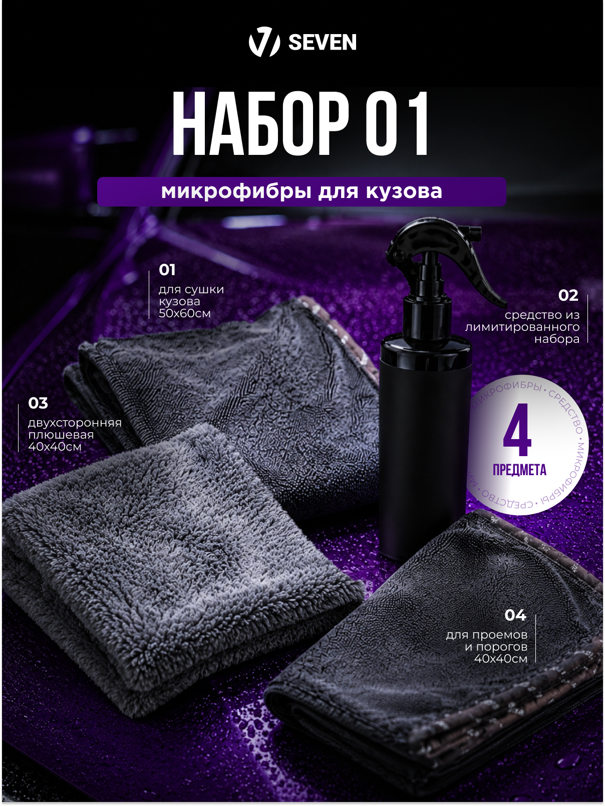 Набор микрофибр для авто №1 + подарок состав для мойки SEVEN