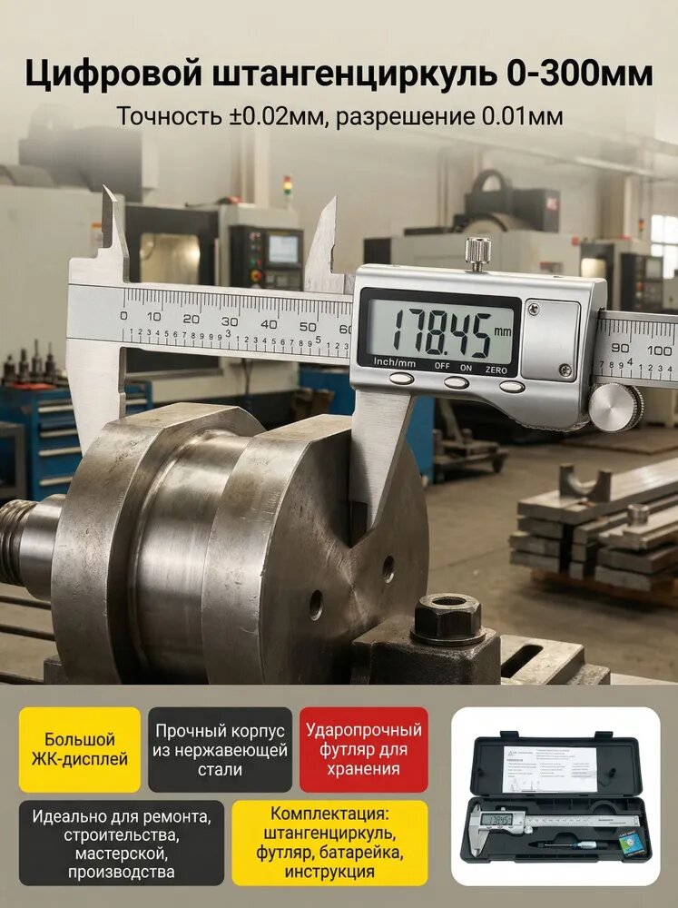 Цифровой штангенциркуль 0-300мм, Точность 0.02мм, Длинный электронный штангенциркуль 300мм, Профессиональный измерительный инструмент, Нержавеющая сталь, С батарейкой