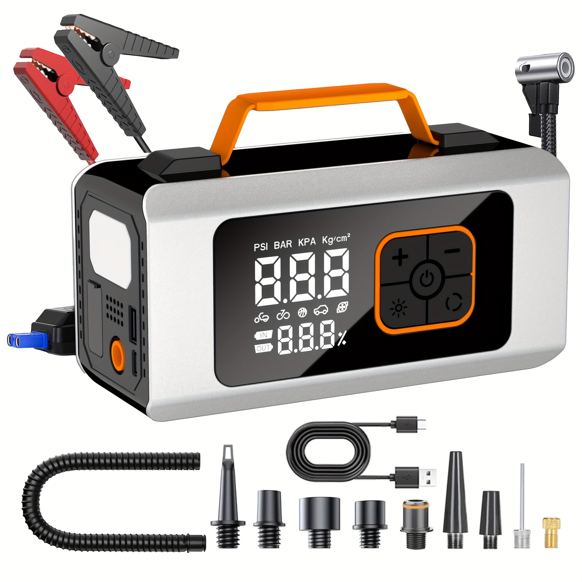 Портативное пусковое устройство 12V с компрессором 150PSI, беспроводной насос для шин с LCD-дисплеем, быстрая зарядка Type-C, аварийный источник питания для автомобилей, грузовиков и внедорожников, серебристый с умным зажимом