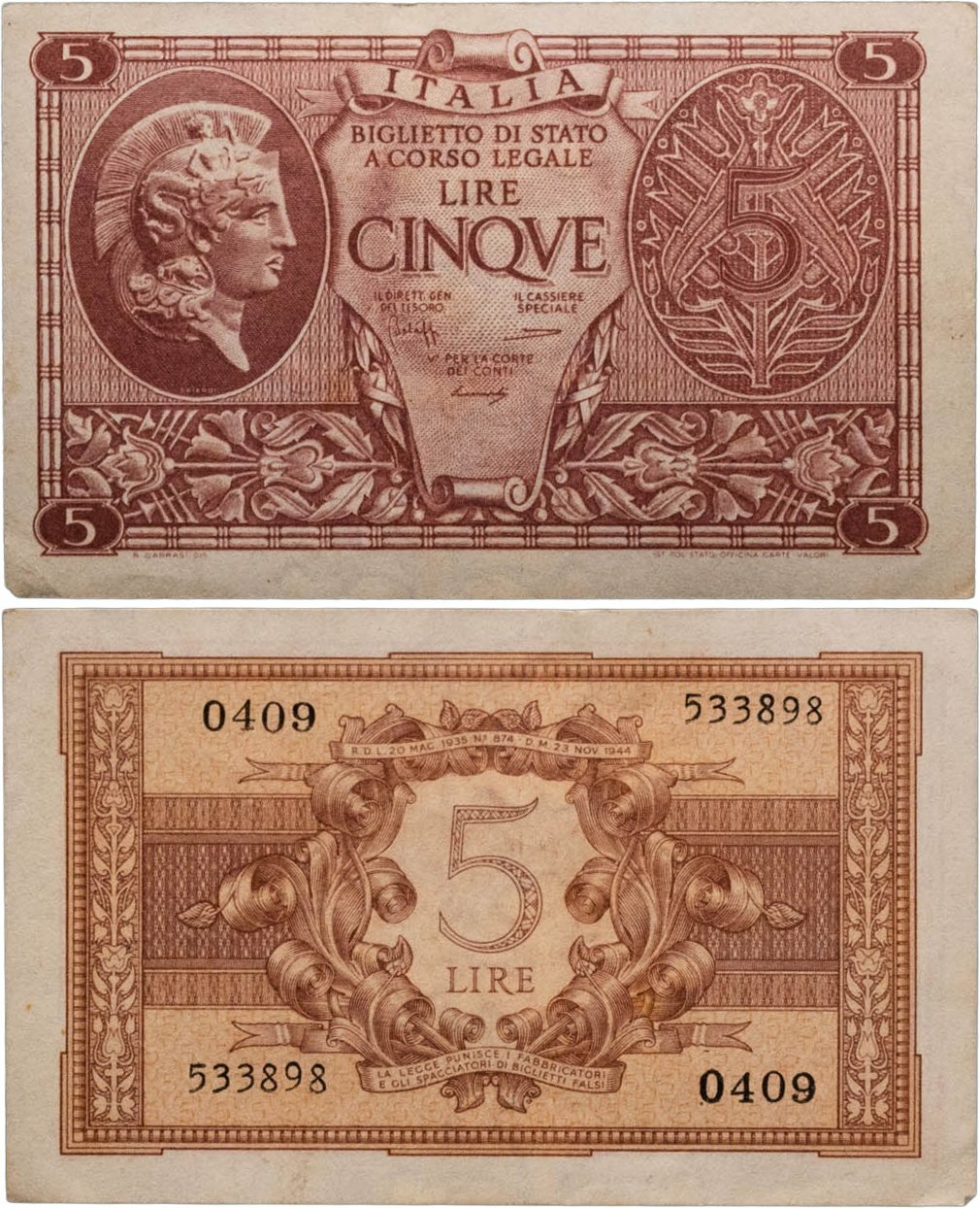 Италия 5 лир 1944