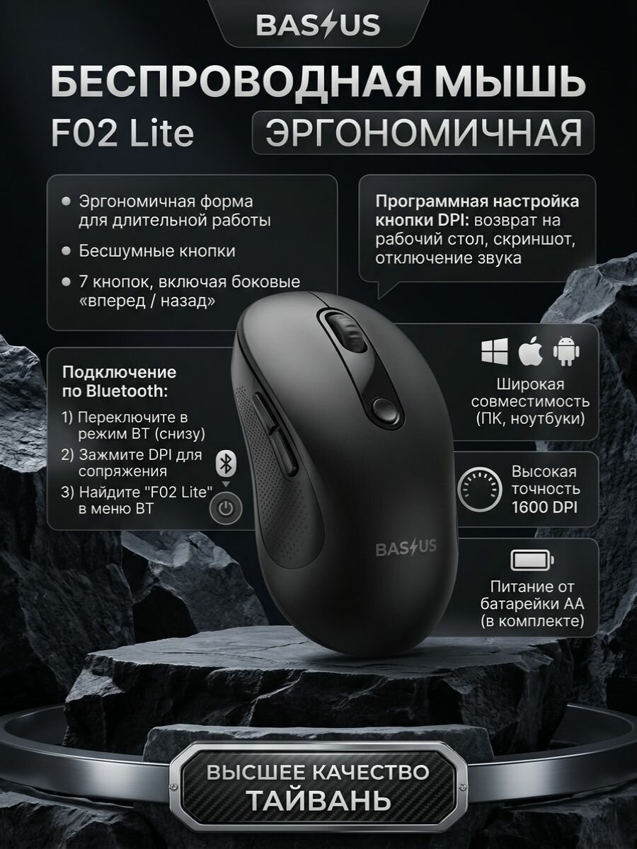 Беспроводная мышь F02 Lite Черная эргономичная Bluetooth 5.3