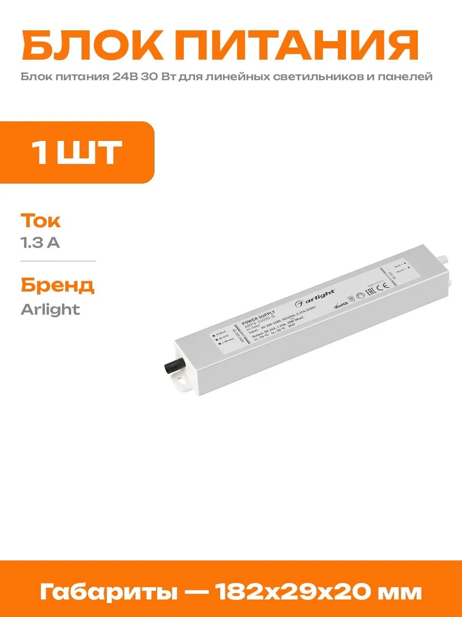 Блок питания 24В 30Вт с проводами влагозащищенный IP67