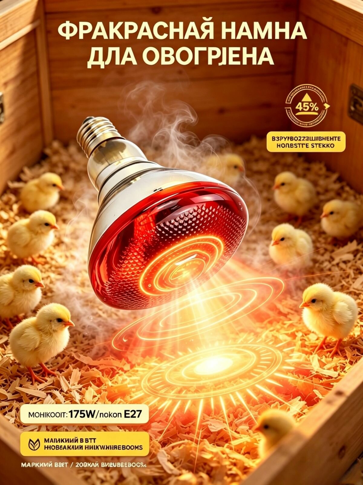 Инфракрасная лампа для курятника цыплят птиц животных 175W цоколь E27, 1 шт / Инфракрасная лампа для обогрева для птичника для брудера обогрев животных