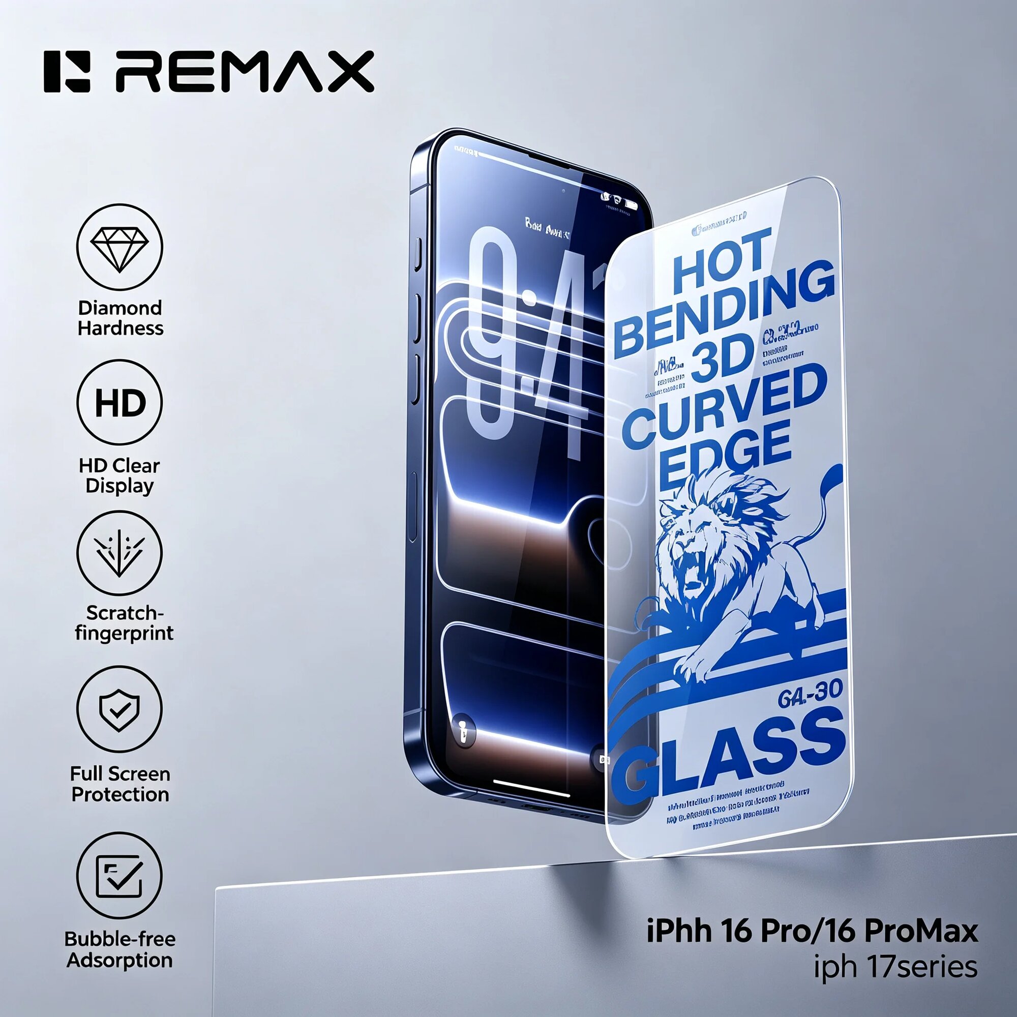 Защитное стекло REMAX 3D HD изогнутое, закаленное, полное покрытие, 9H, антицарапинное, для iPhone 17