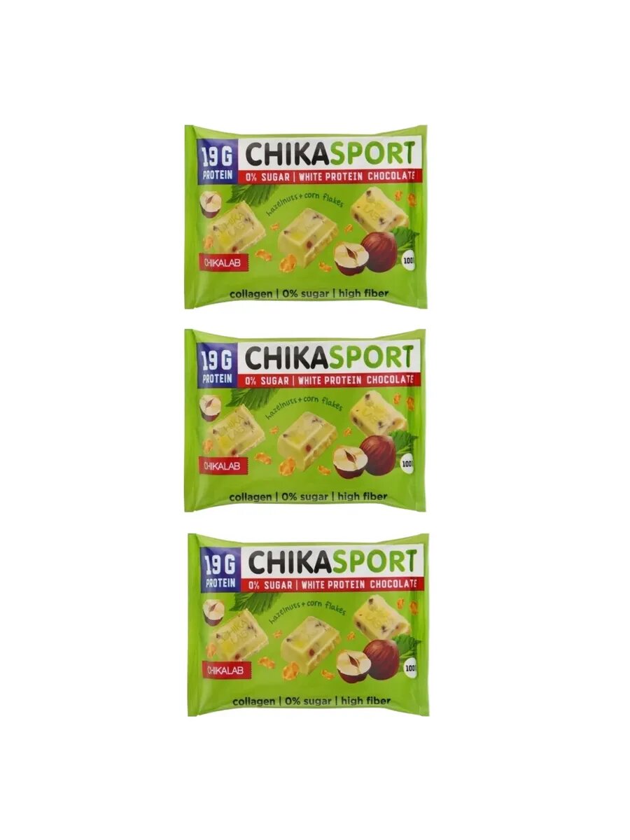 Chikalab Шоколад белый, с фундуком и кукурузными чипсами, 3 шт