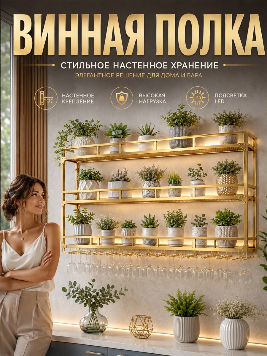 Винная полка настенная с мягкой LED-подсветкой и рядами крючков под бокалы, простой монтаж на стену для стильного хранения декора в домашней барной зоне