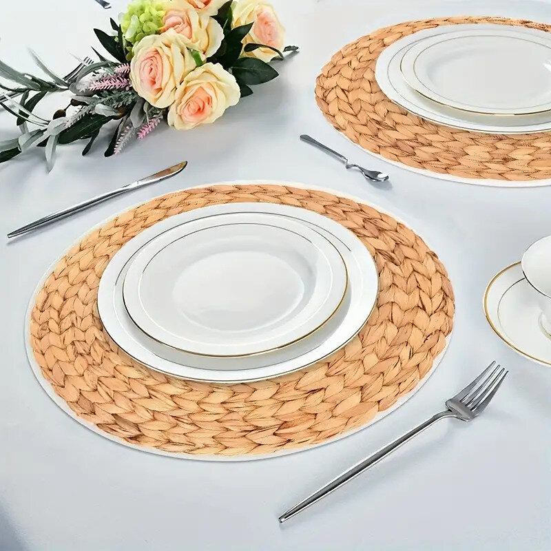 Круглые подставки под тарелки 38x38 см, 2 шт, с рисунком под ротанг, для кухонного стола, моющиеся, прочные, для повседневного использования и праздников