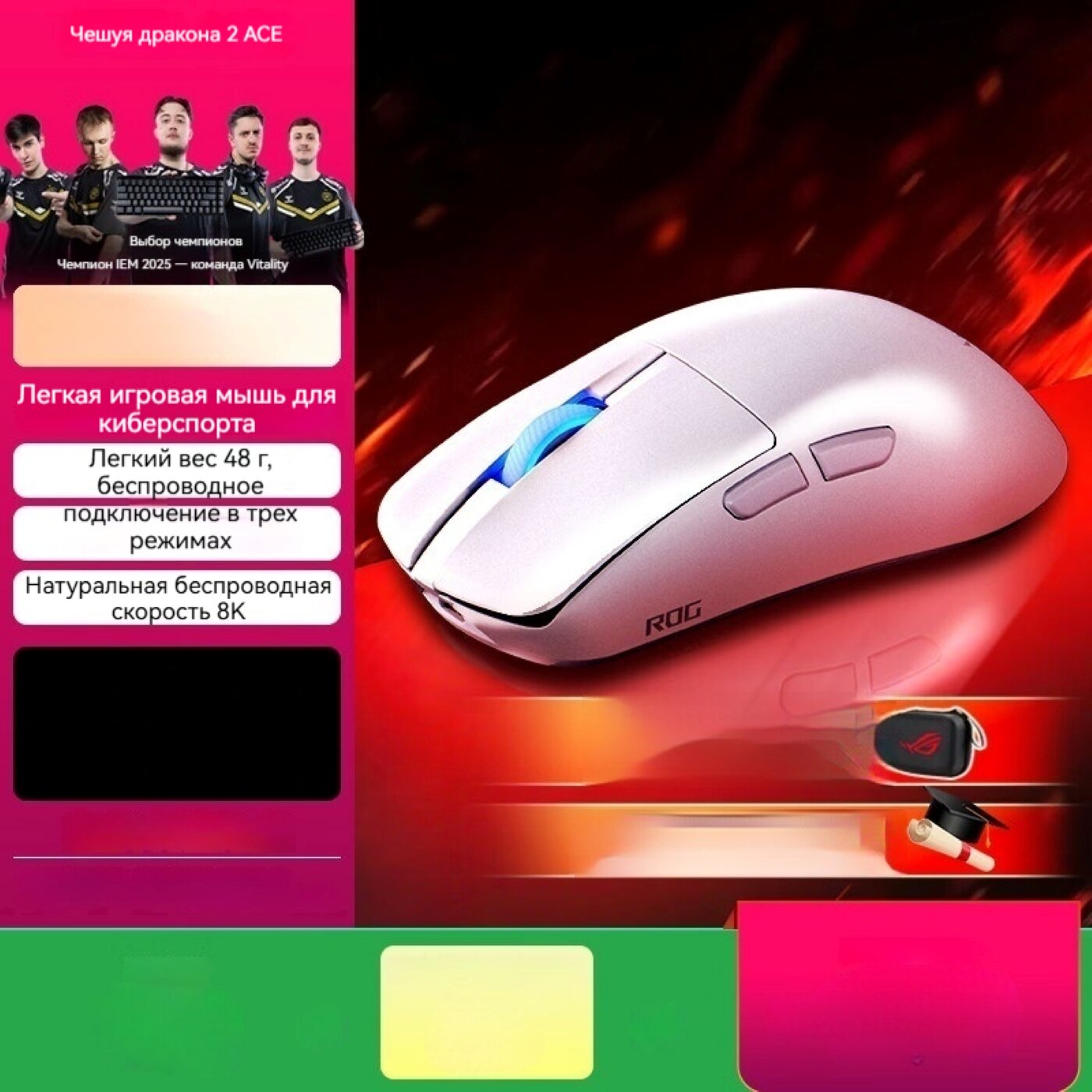 ROG Dragon Scale 2Ace Игровая мышь, легкаявесом 48 г, трехрежимная, проводная / 2,4 G / Bluetooth, DPI42000 IPS750