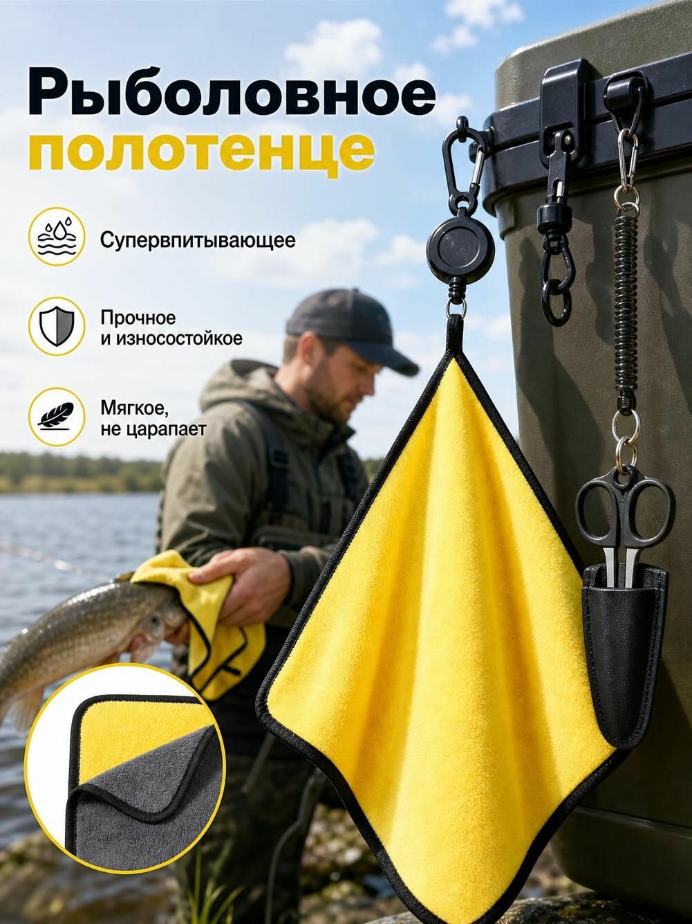 Микрофибрное полотенце 30x30 см с карабином для рыбака, жёлтое