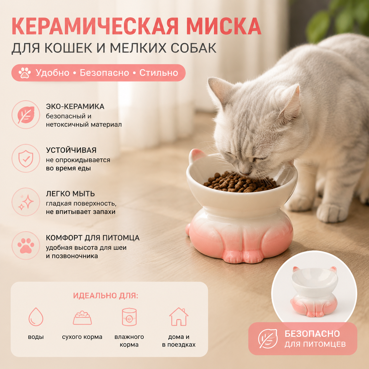 Керамическая миска для кошек с ушками на высоком основании, наклонная форма для защиты шеи, противоскользящая
