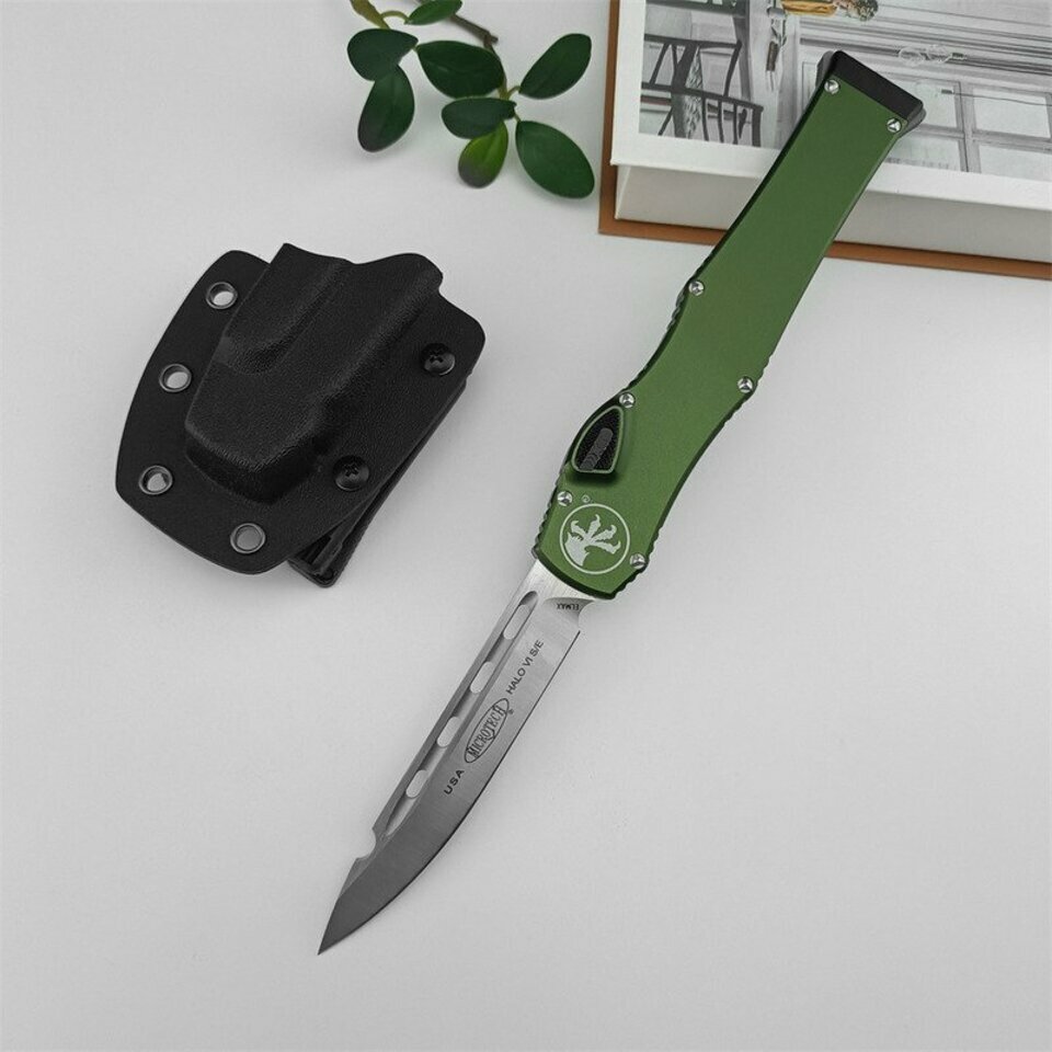 Автоматический нож Microtech Halo VI Tanto OTF, лезвие 4,4 дюйма, обработанное стоунвошем, сталь D2, алюминиевый сплав, для активного отдыха, выживания, охоты и кемпинга.