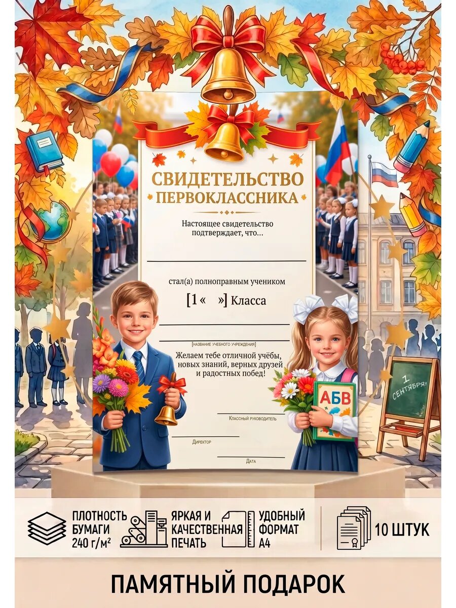 Свидетельство первоклассника на 1 сентября 10шт.