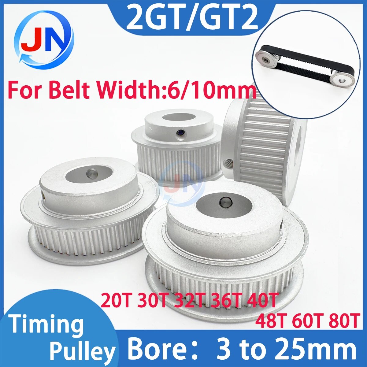 Зубчатый шкив 20T 2GT, 30T, 32T, 40T, 60T, 80T, синхронное колесо, ширина ремня 6/10 мм, шкив GT2, 2 м